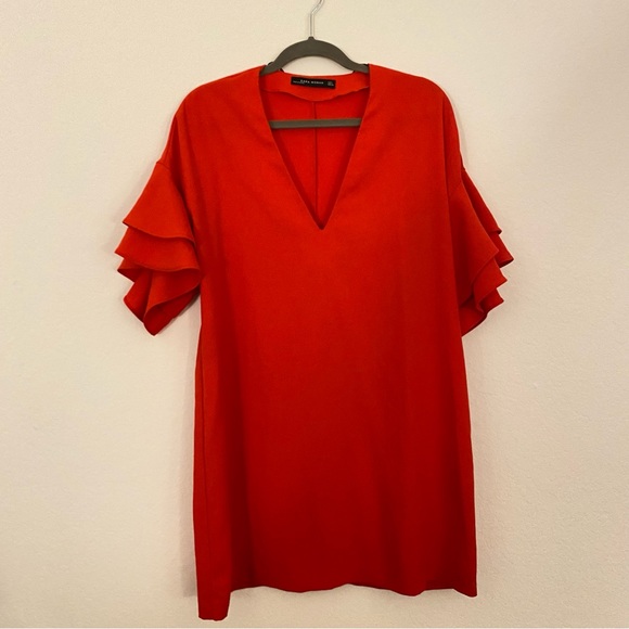 Zara | Dresses | Zara Bright Red Dress Ruffled Sleeves | Poshmark